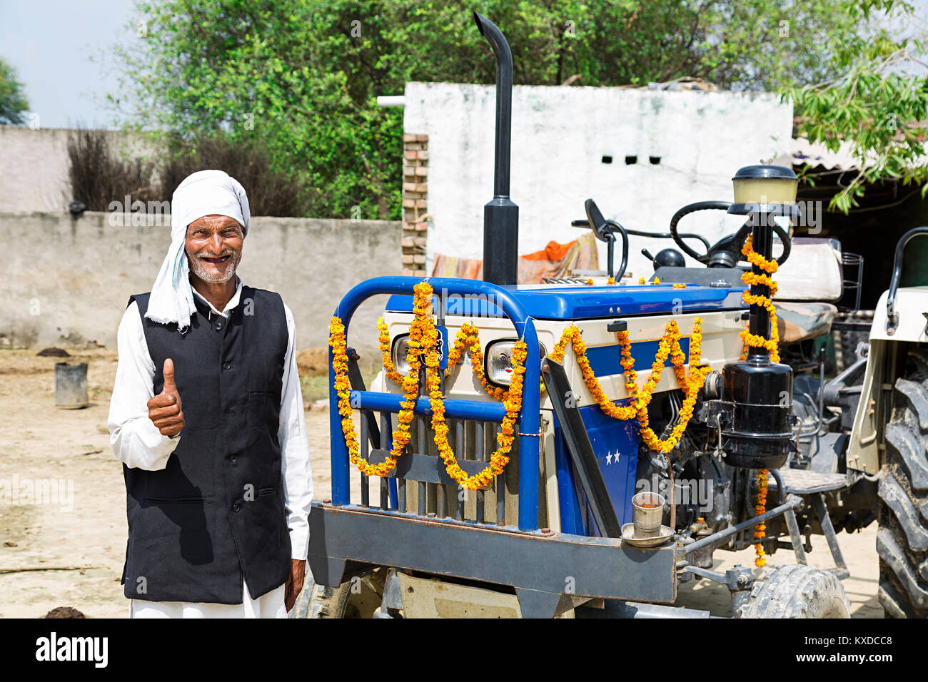 1 Indian Rural Farmer Showing Thumbsup Successful New Tractor Village ...
