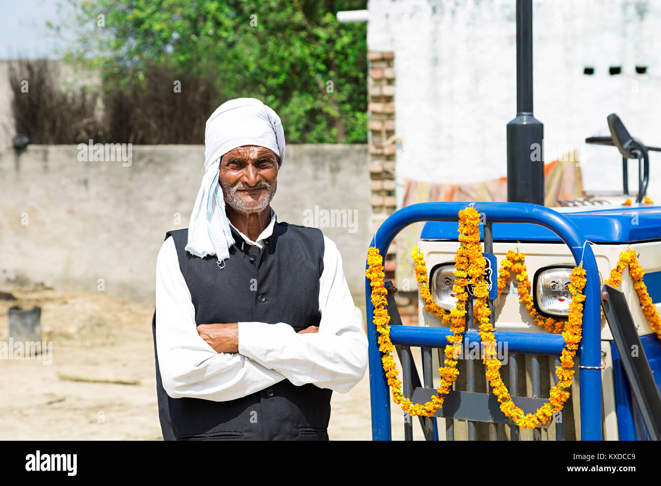1 Indian Old Man Villager Standing Near Tractor Rural Village Stock ...