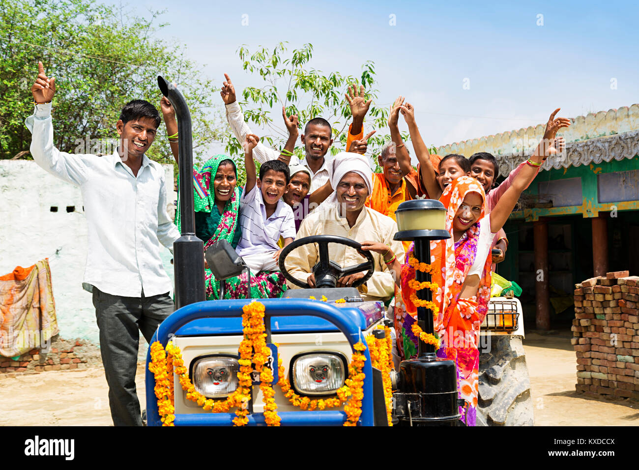 Indian Groups Rural Farmer Families Sitting Tractor Together Fun ...