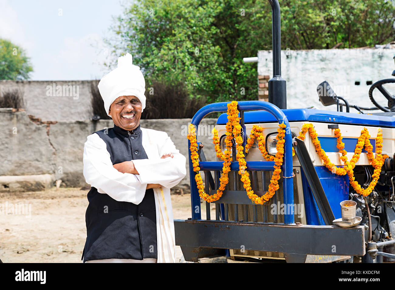 1 Indian Rural Farmer Man Standing Near Tractor Village Haryana Stock ...