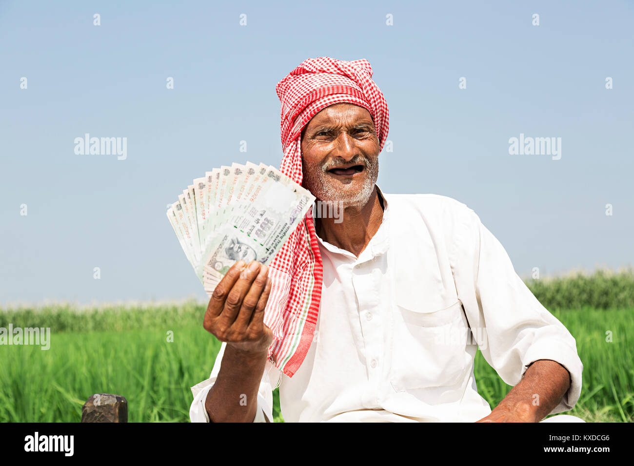 Indian Rural Farmer Old Man Showing Rupees Notes Sitting Field Stock ...