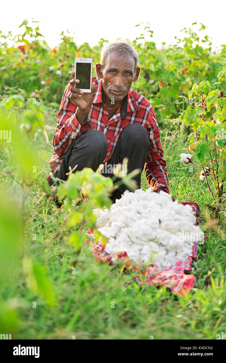 1 Indian Rural Farmer Senior Man Showing Cell Phone Farm Stock Photo ...
