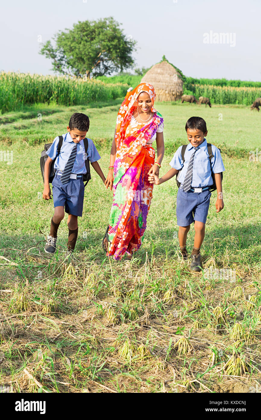 Indian Rural Villager Mother And Children Students Walking Together ...