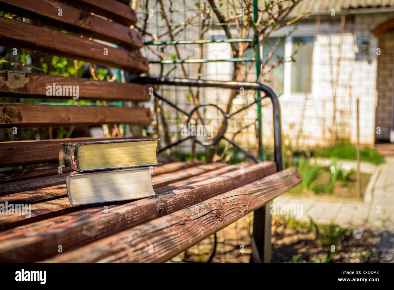 Two books lying on a wooden bench in the bright spring sunny day Stock ...