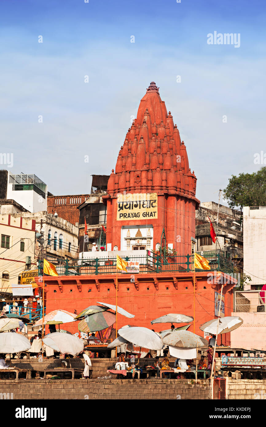 VARANASI, INDIA - APRIL 12: Prayag ghat temple on Ganga bank on April ...