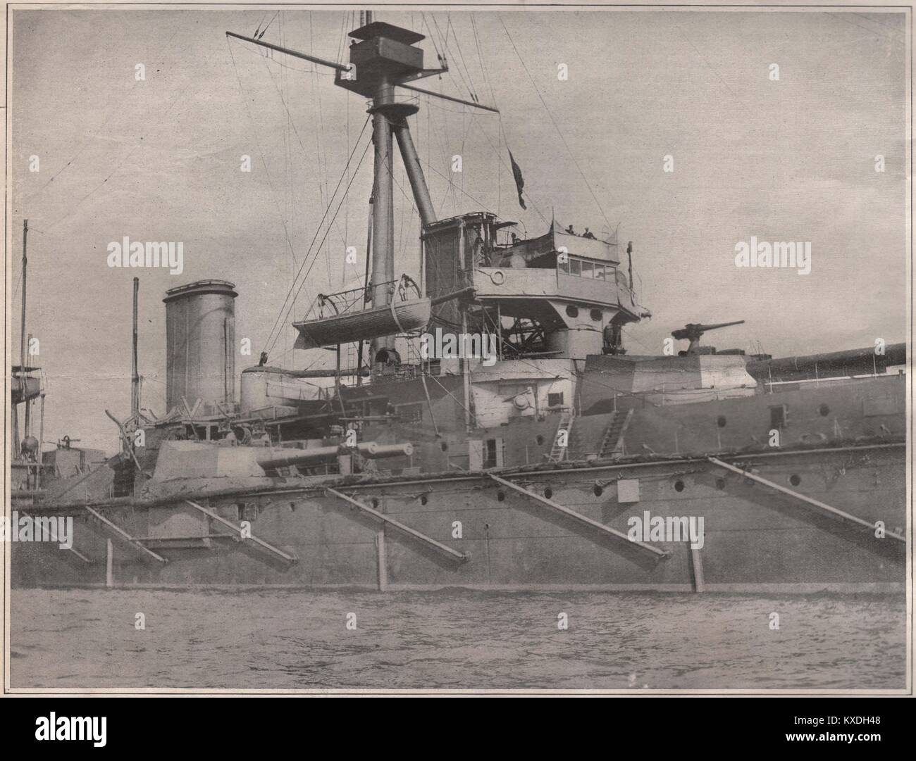 View showing forward and starboard 12-Inch gun Turrets, forward conning ...