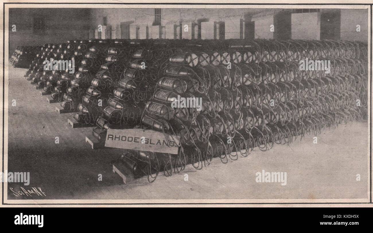 Interior of shell house, showing Pile of loaded shells for U.S.S ...