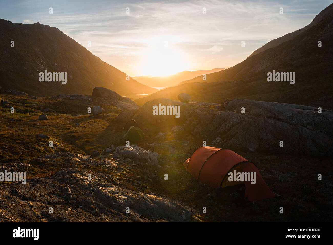 Tent in rocky landscape at sunset, mountain landscape, Greenland Stock ...