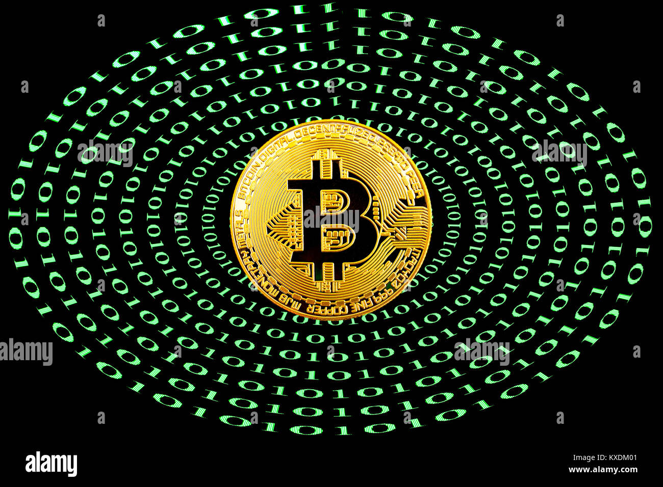 Symbol image Digital currency, gold physical coin Bitcoin with digital binary code Stock Photo ...