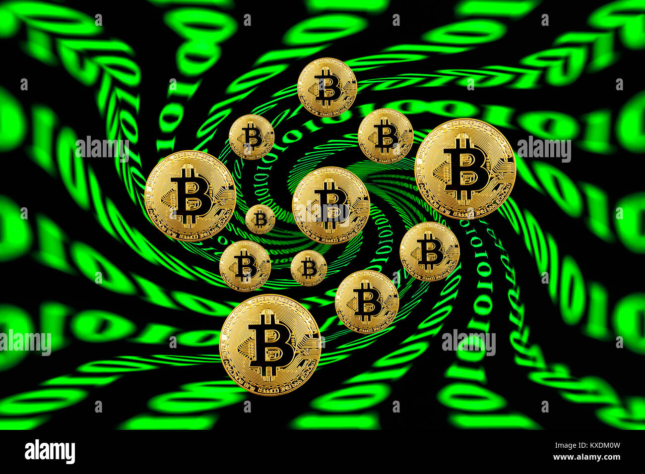 Symbol image digital currency, gold physical coin bitcoin with digital binary code Stock Photo ...