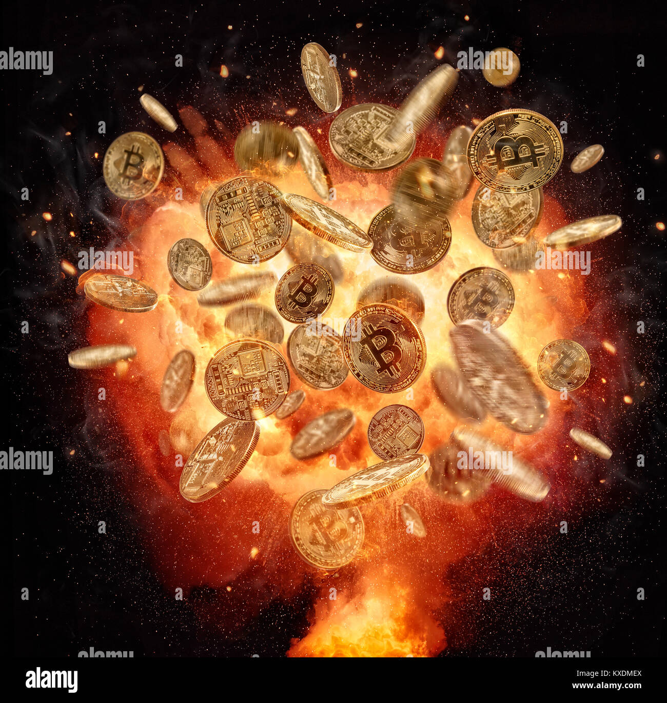 Fire explosion of Bitcoins crypto currency symbol, isolated on black ...