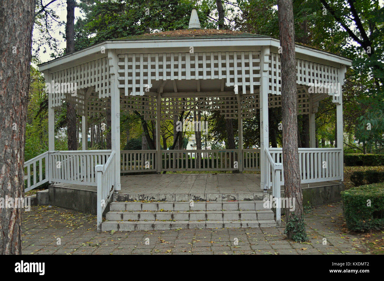 Wooden open hut for relaxing in park Stock Photo - Alamy