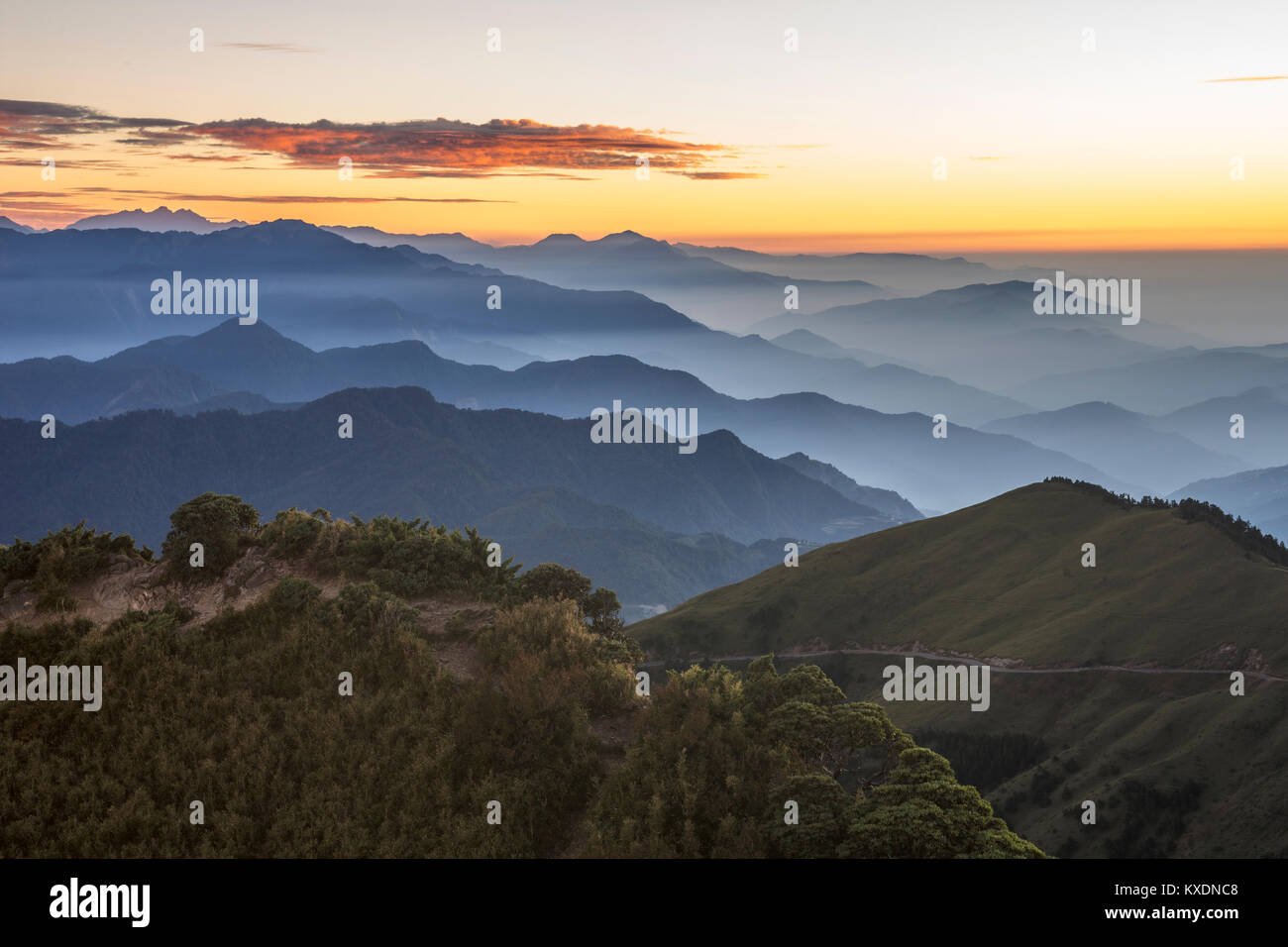 Taiwan's highest passable road in front of the mountain ranges of the ...