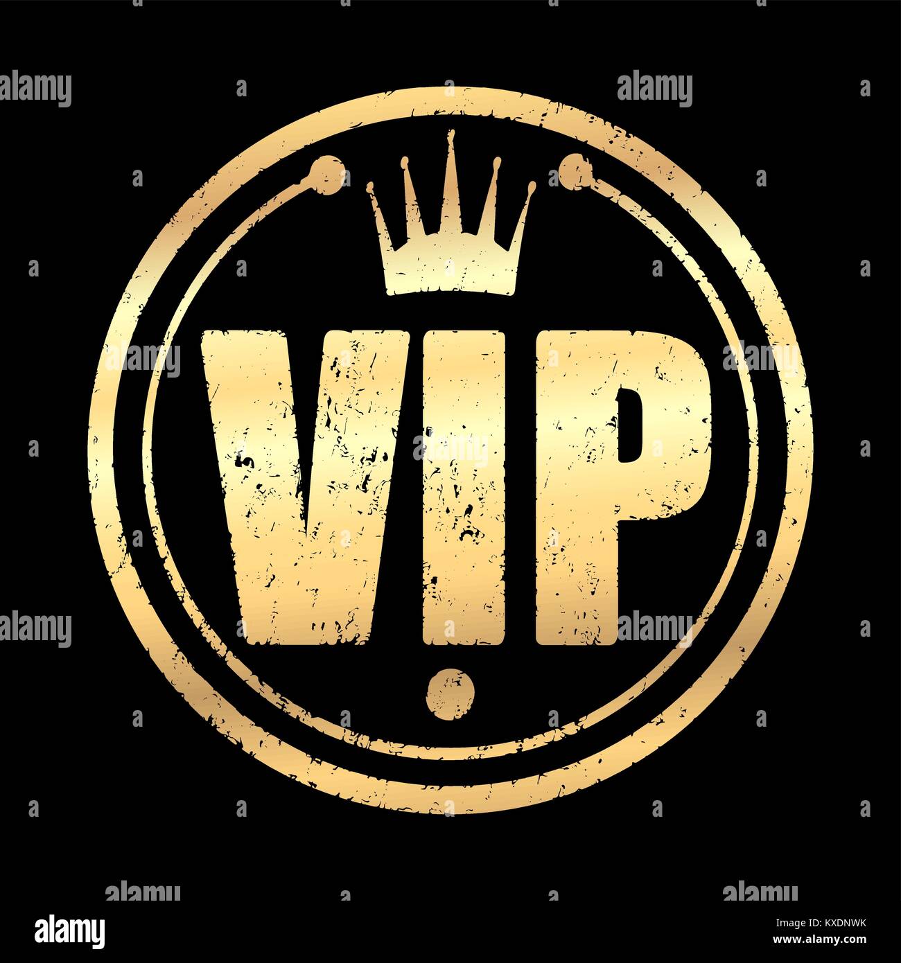 Gold round VIP grunge style rubber stamp icon with crown on a black ...