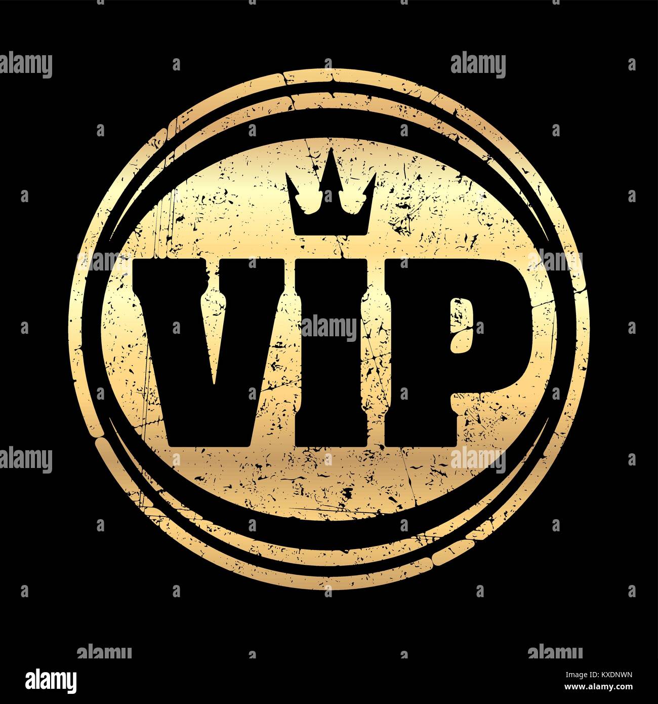 Gold round VIP grunge style rubber stamp icon with crown on a black ...