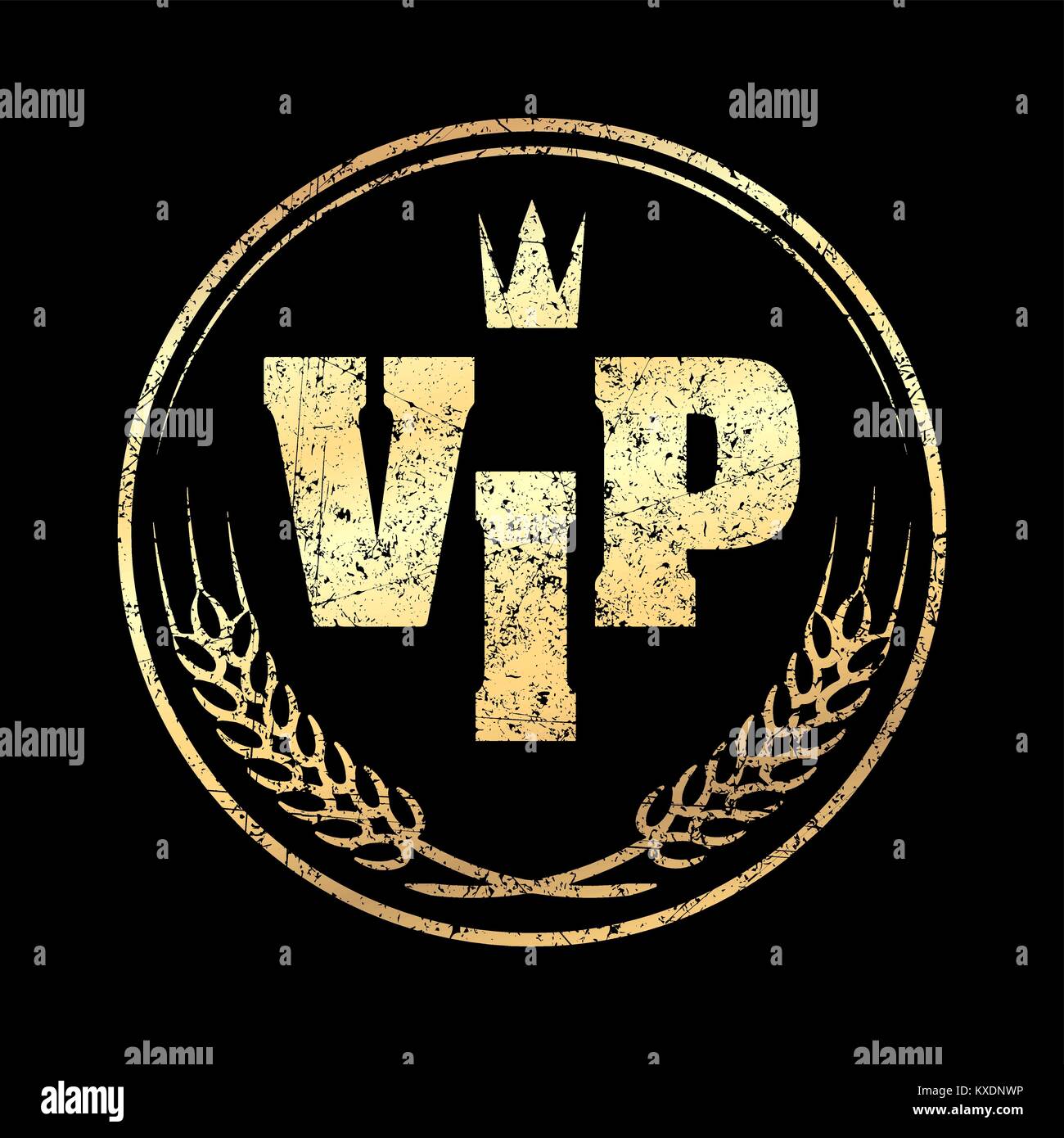 Gold round VIP grunge style rubber stamp icon with crown and spikes on ...