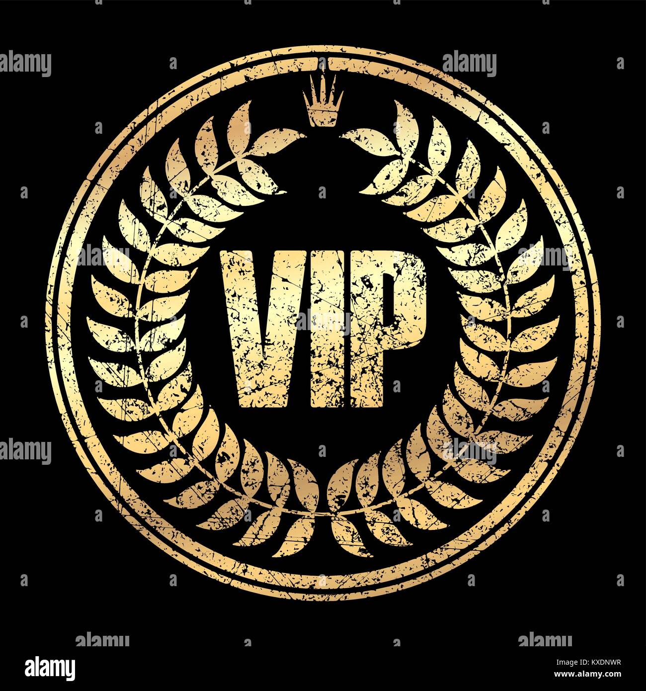 Gold round VIP grunge style rubber stamp icon with crown and spikes on ...