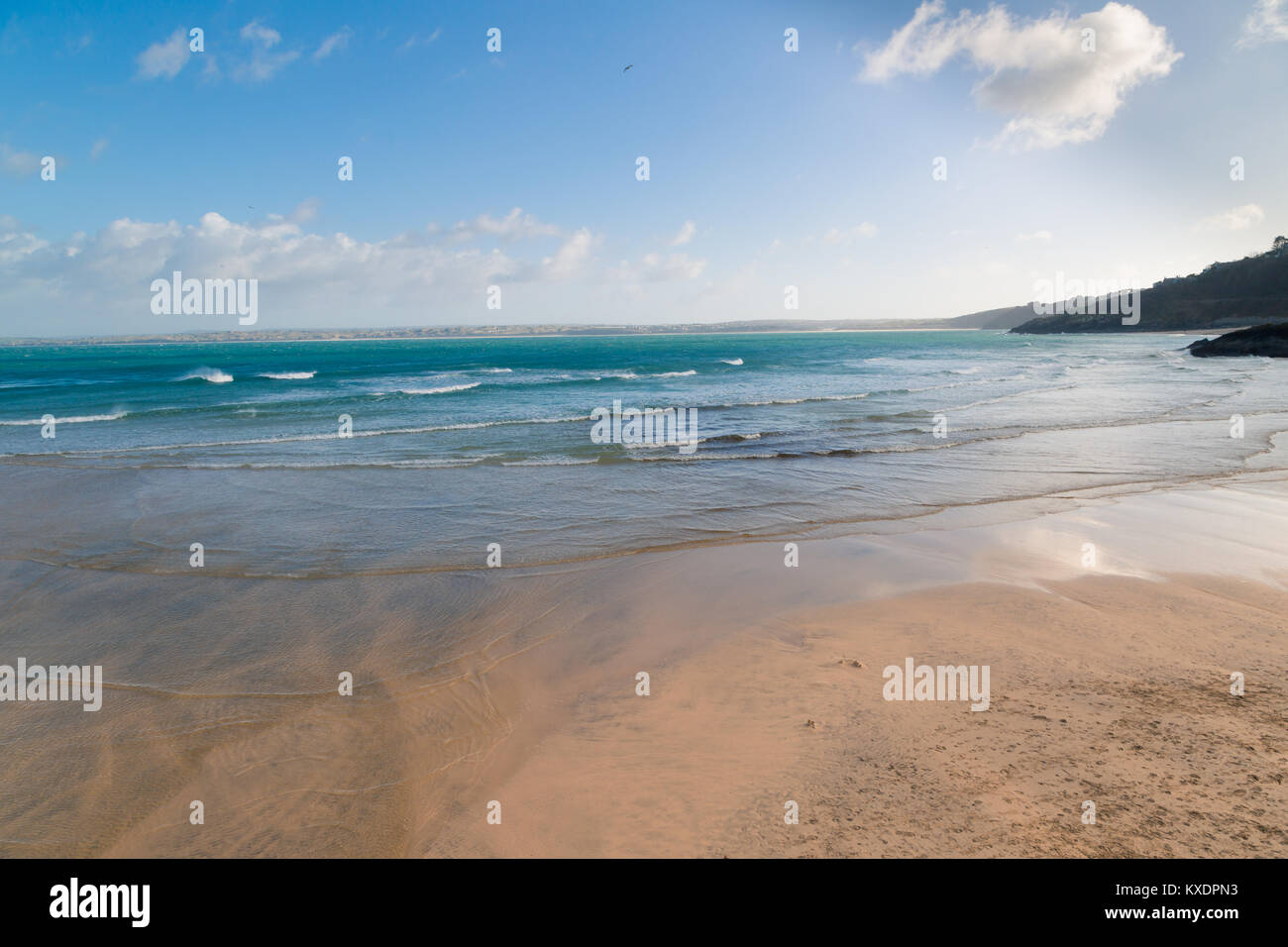 View from St Ives to Hayle Cornwall with golden sand and blue ocean ...