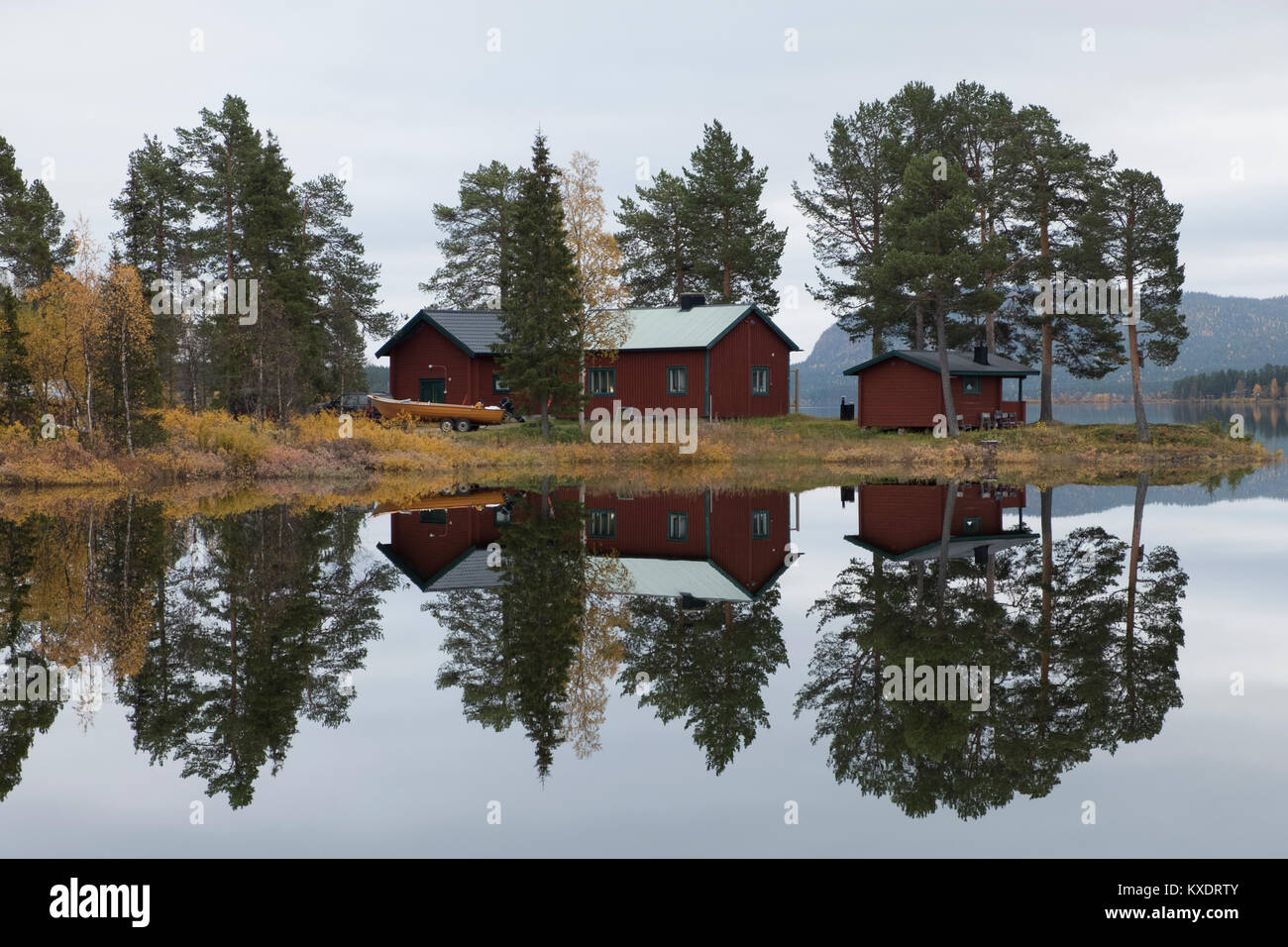 Autumnal landscape with lake, reflection, Norrbottens, Norrbottens län ...