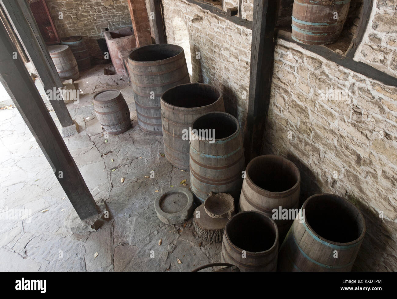 Open old wooden barrels in ancient cellar Stock Photo - Alamy