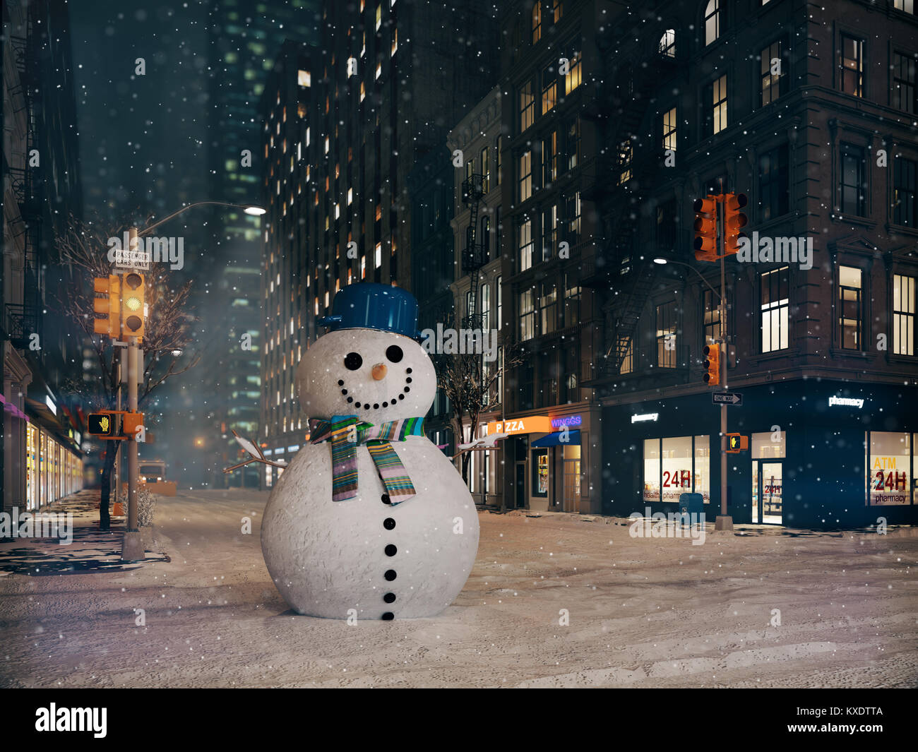 blizzard in new york city. build snowman. 3d rendering Stock Photo - Alamy