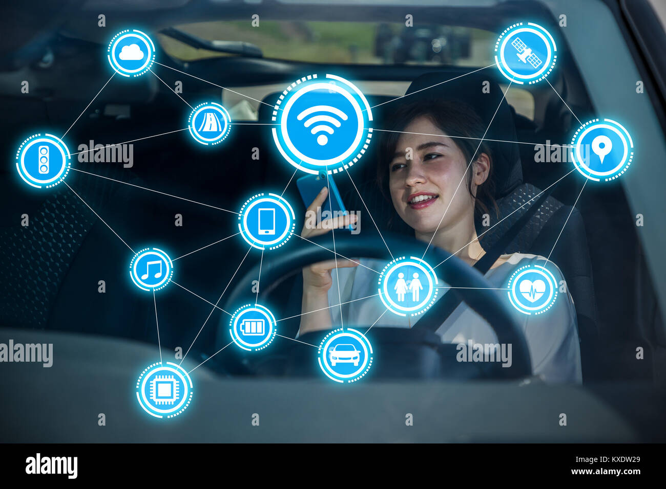 car interior and wireless communication network. Internet of Things(IoT ...