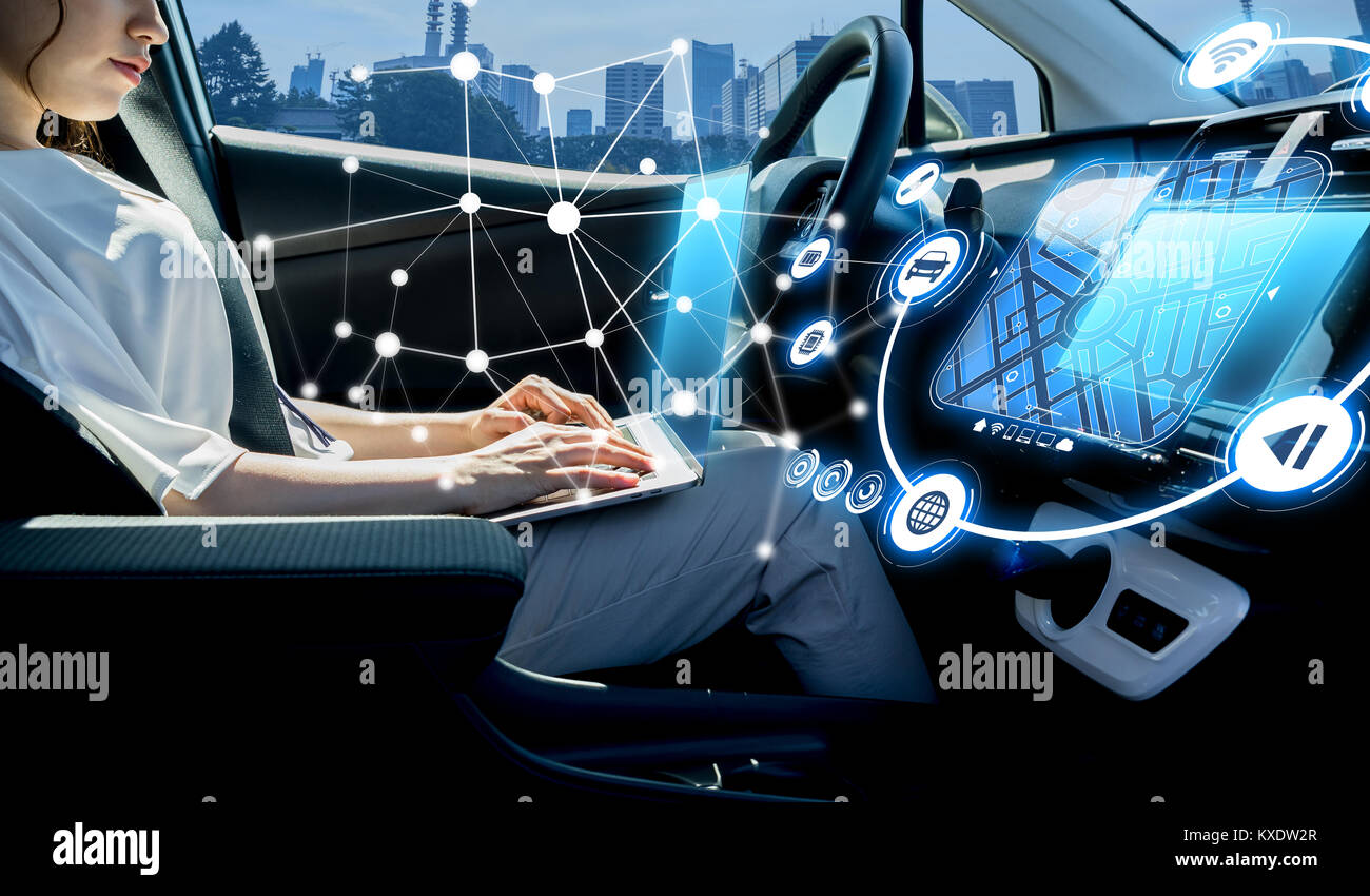 young woman riding autonomous car. self driving vehicle Stock Photo - Alamy