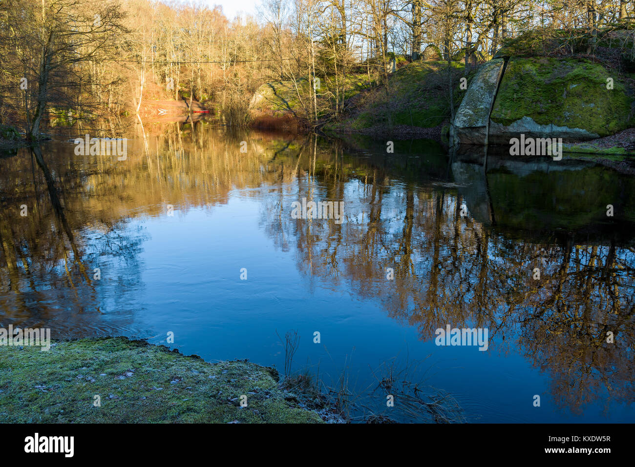 The gentle flow of a river. Sunshine hits the forest in the background ...