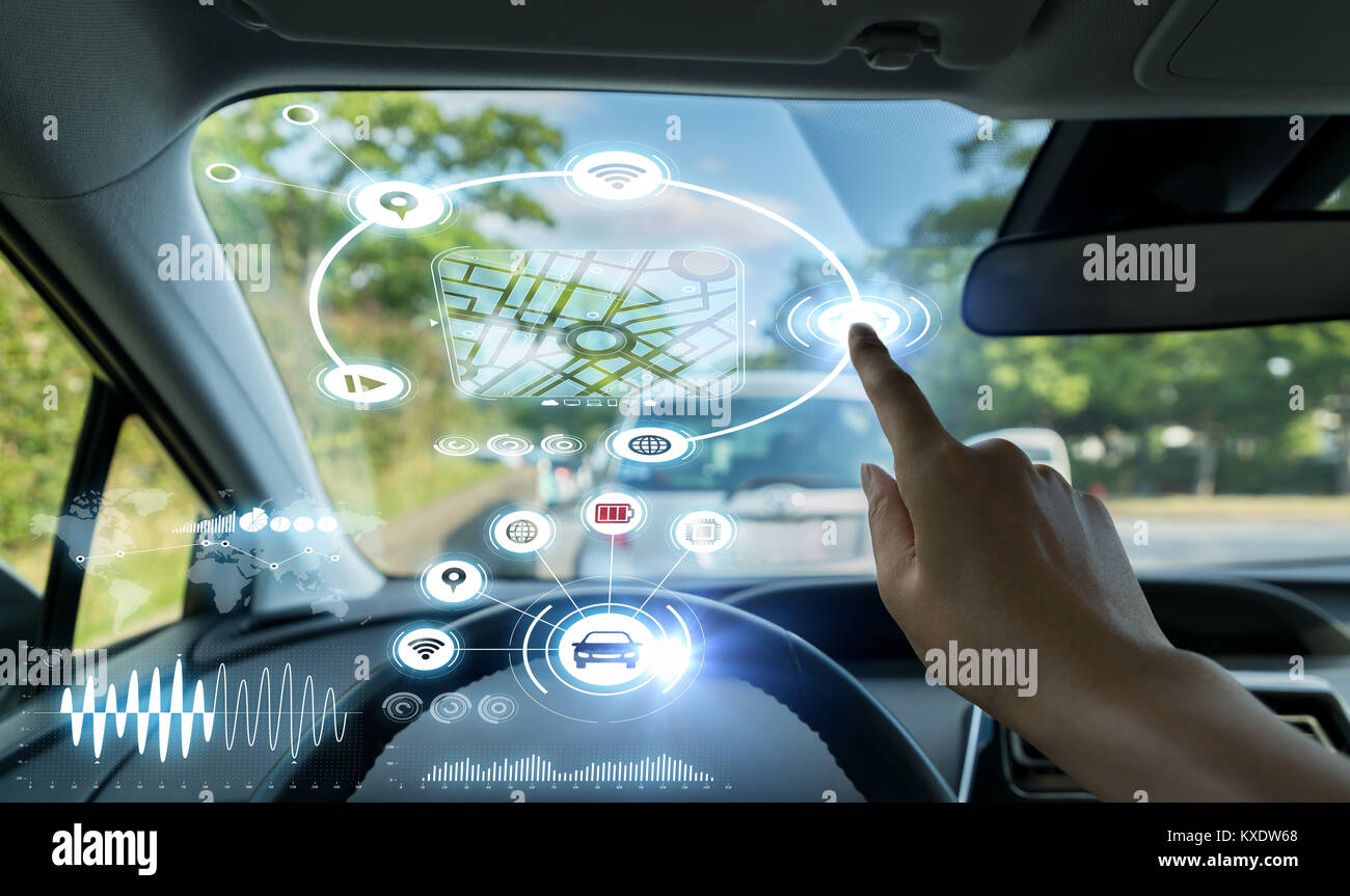 Cockpit of autonomous car. Driverless car. Self-driving vehicle. Head ... Cockpit of autonomous car. Driverless car. Self-driving vehicle. Head ...