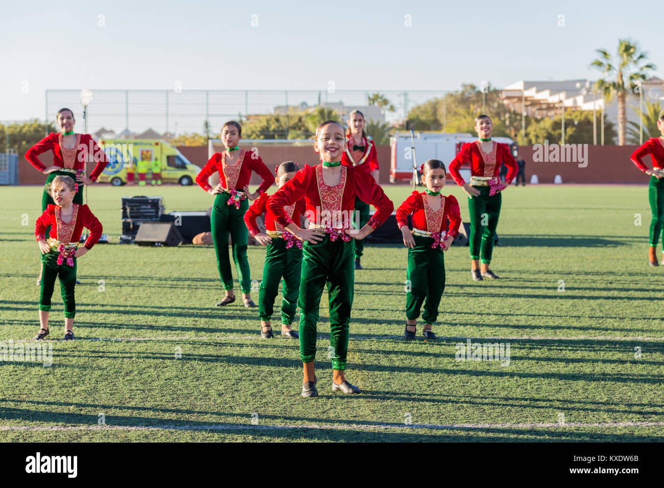Dance troupe performing on the football field in Adeje to entertain the ...