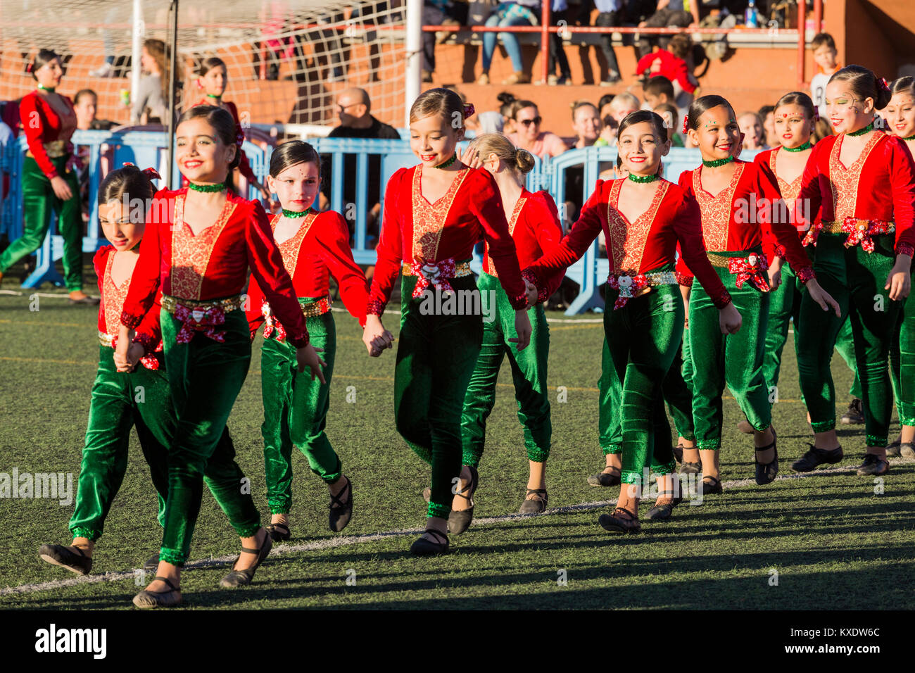 Dance troupe performing on the football field in Adeje to entertain the ...