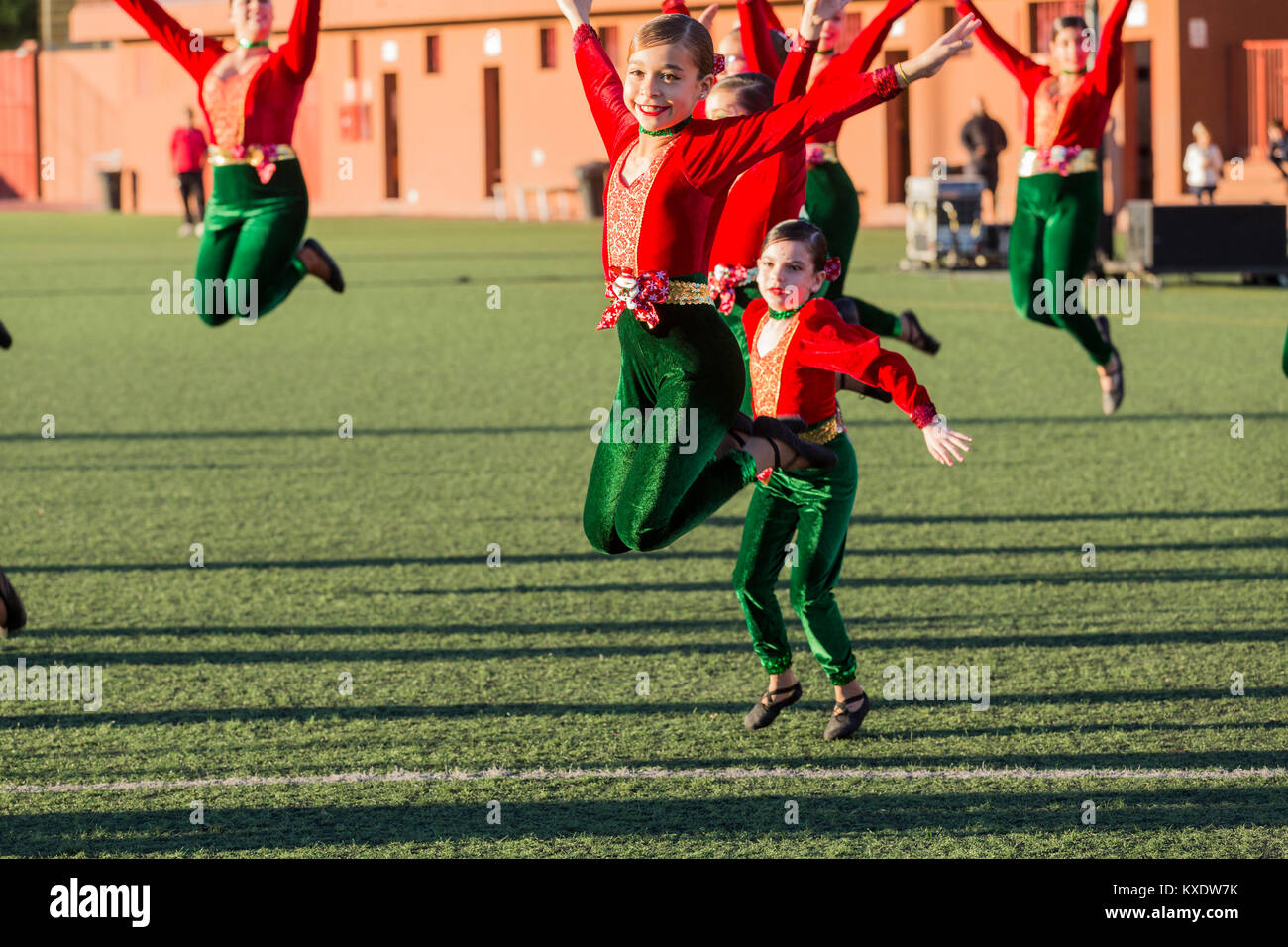 Dance troupe performing on the football field in Adeje to entertain the ...