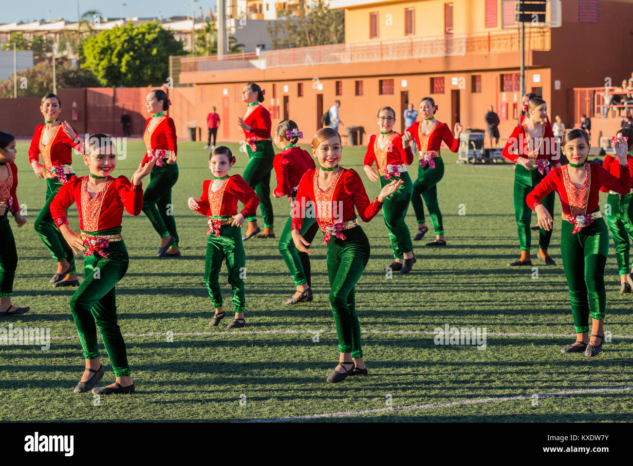 Dance troupe performing on the football field in Adeje to entertain the ...