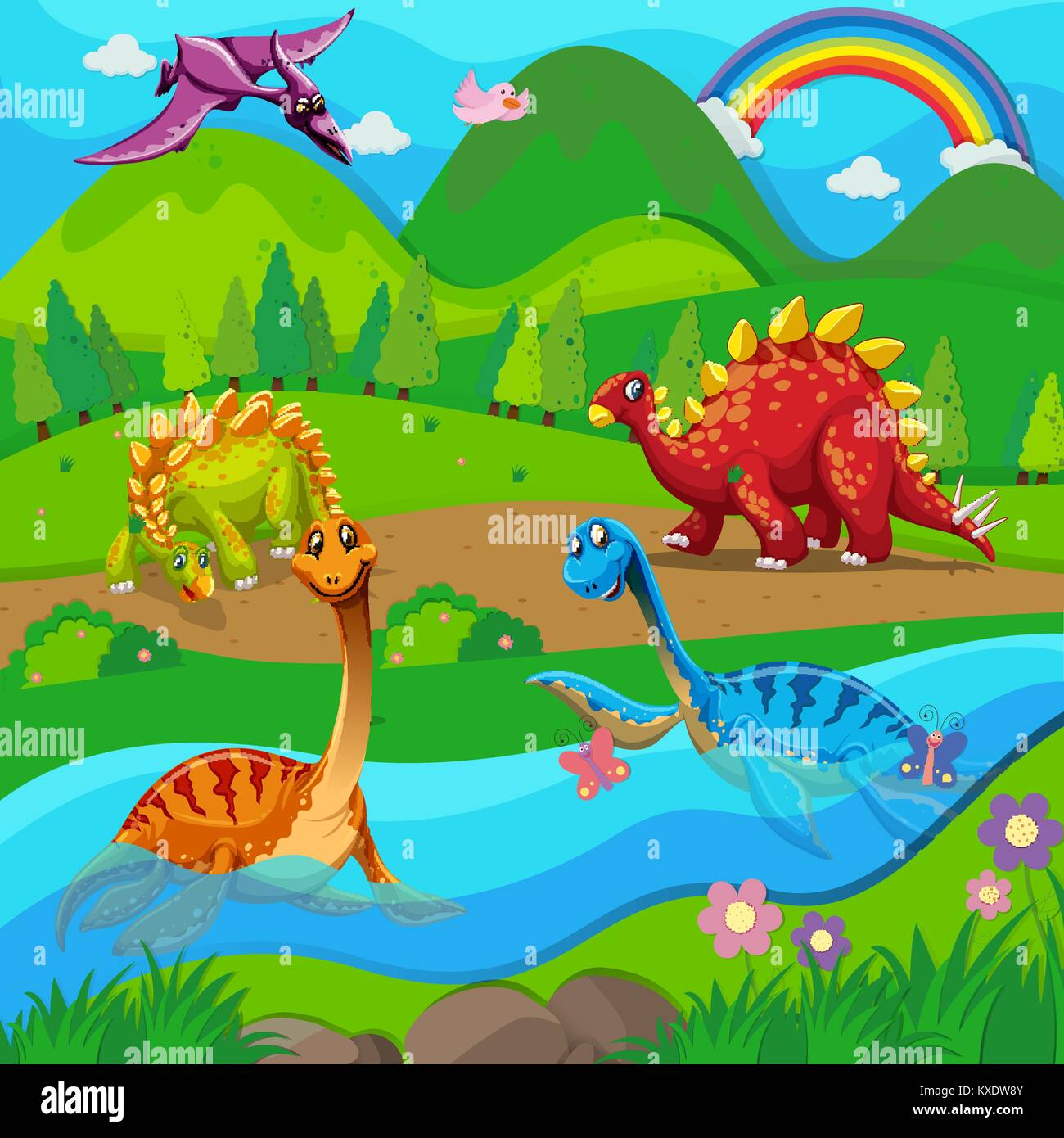 Background scene with dinosaurs by the river illustration Stock Vector ...