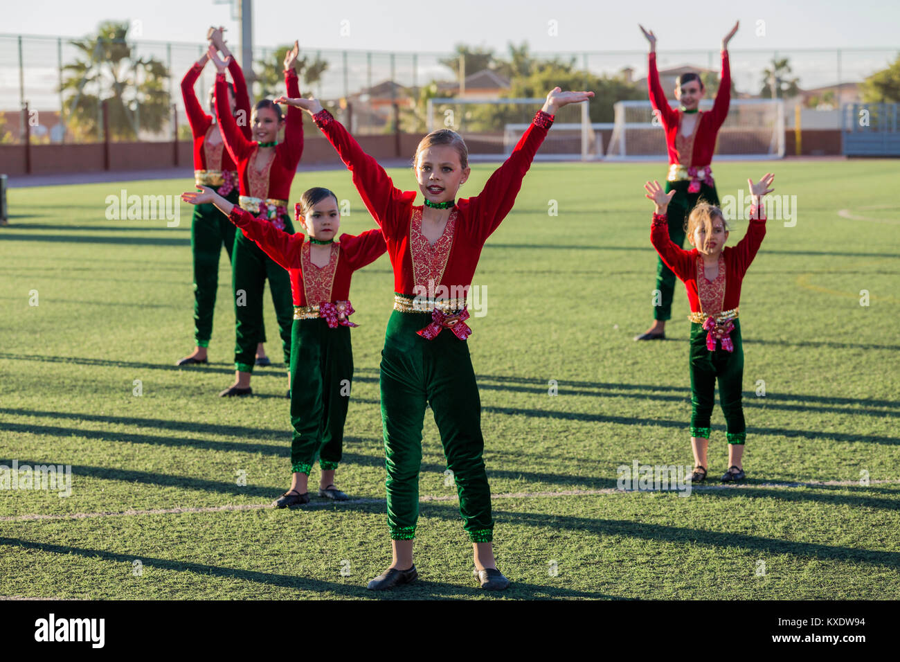 Dance troupe performing on the football field in Adeje to entertain the ...