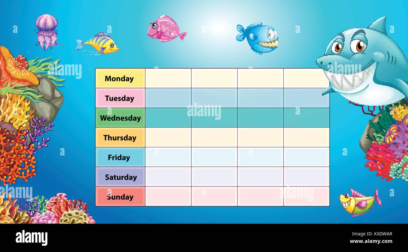 Days of the week table with underwater background illustration Stock ...