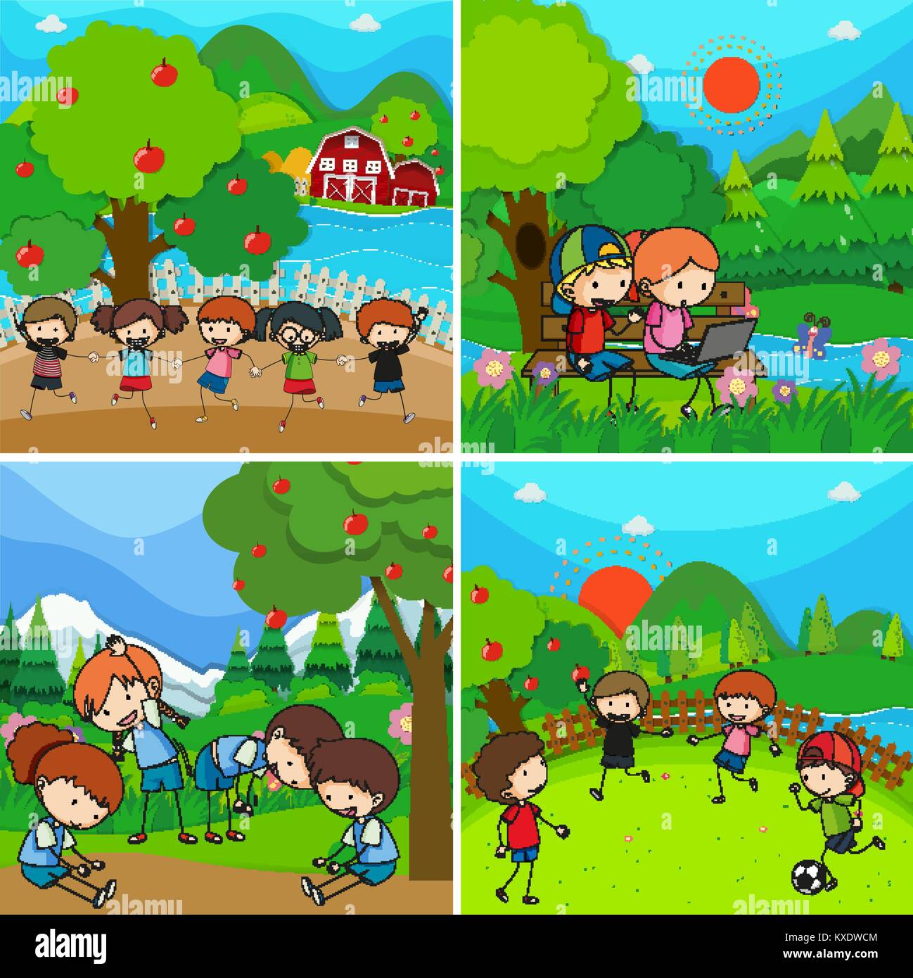 Four scenes with kids in park illustration Stock Vector Image & Art - Alamy
