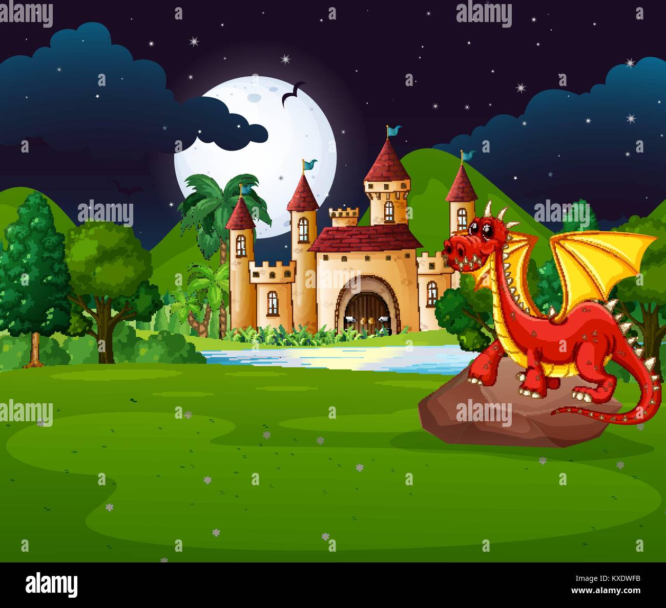 Scene with red dragon and castle illustration Stock Vector Image & Art ...