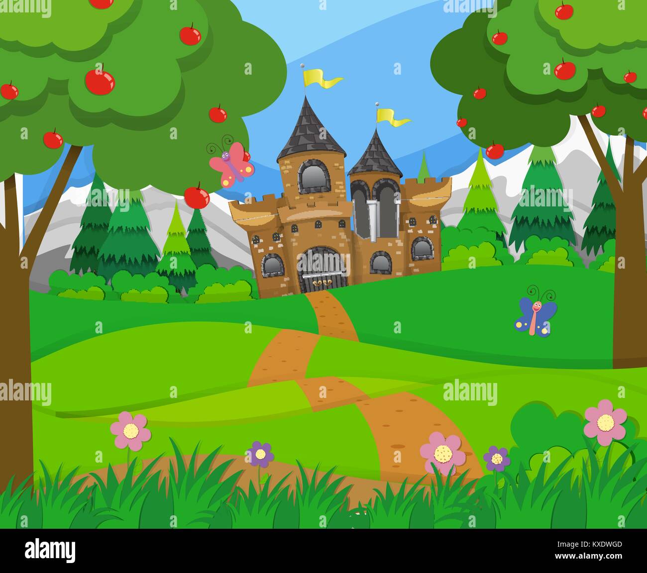 Scene with castle towers and hills illustration Stock Vector Image ...