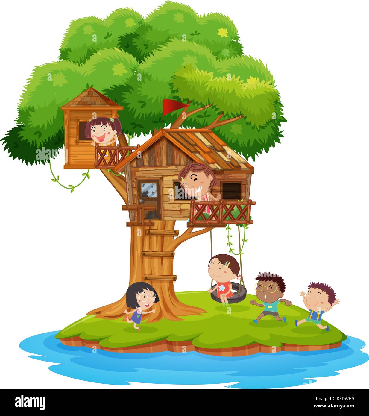 Children playing in the treehouse illustration Stock Vector Image & Art ...