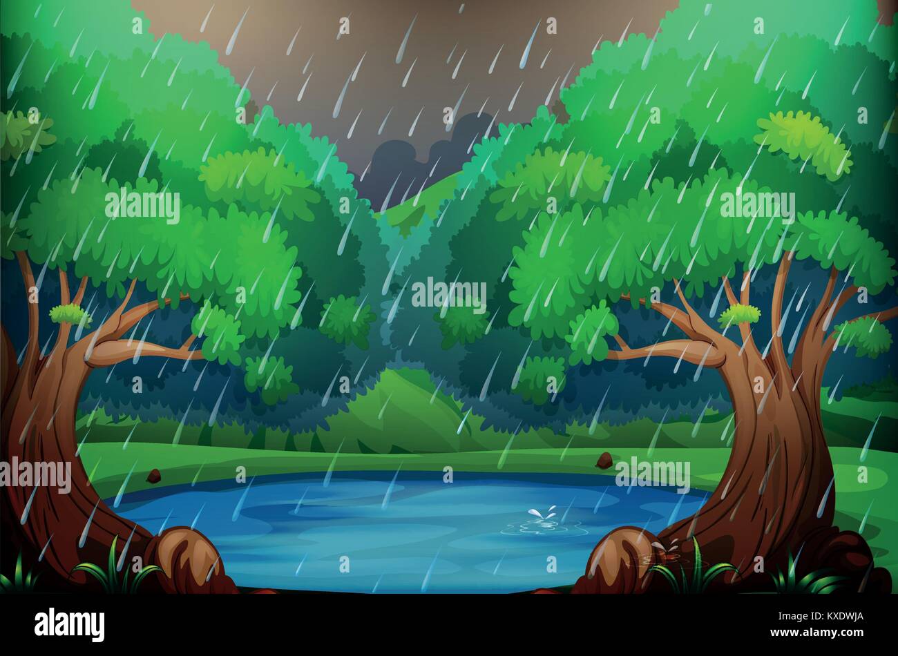 Background scene with forest in the rain illustration Stock Vector ...