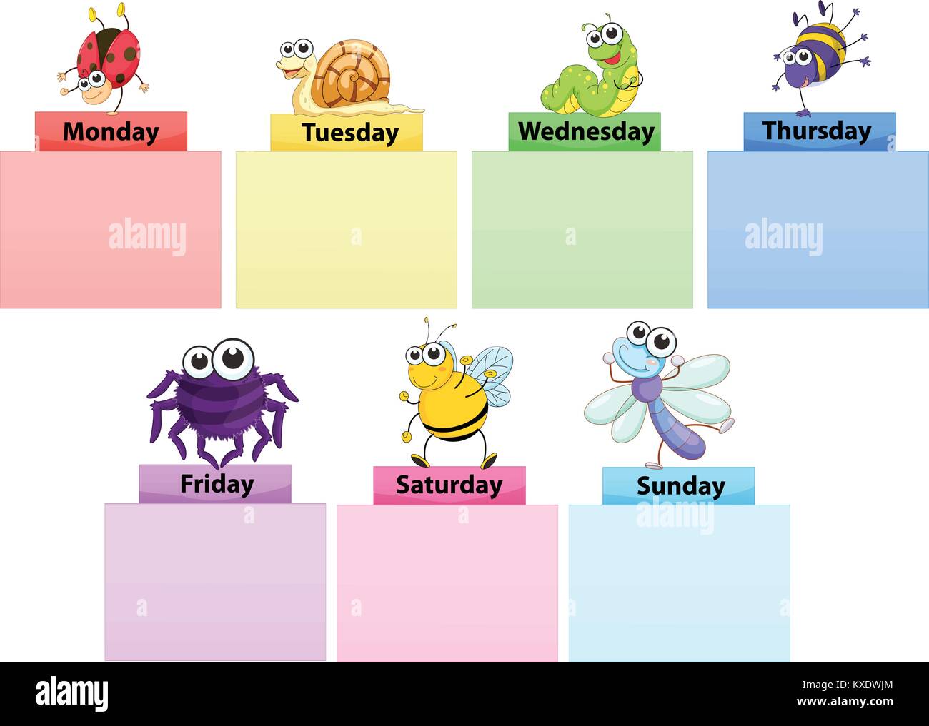 Days of the week banner template with colorful bugs illustration Stock ...