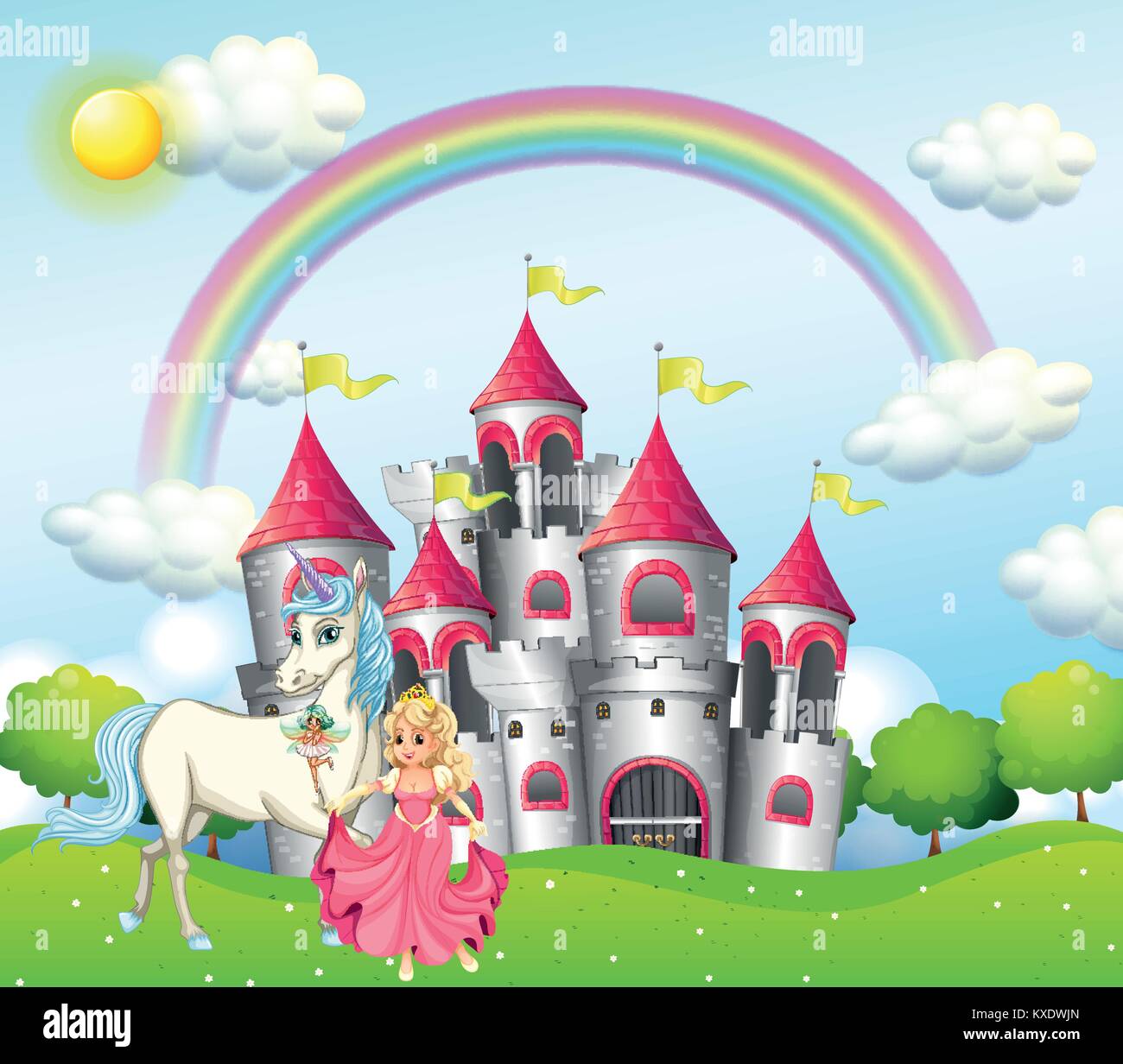 Background scene with princess and unicorn at pink castle illustration ...