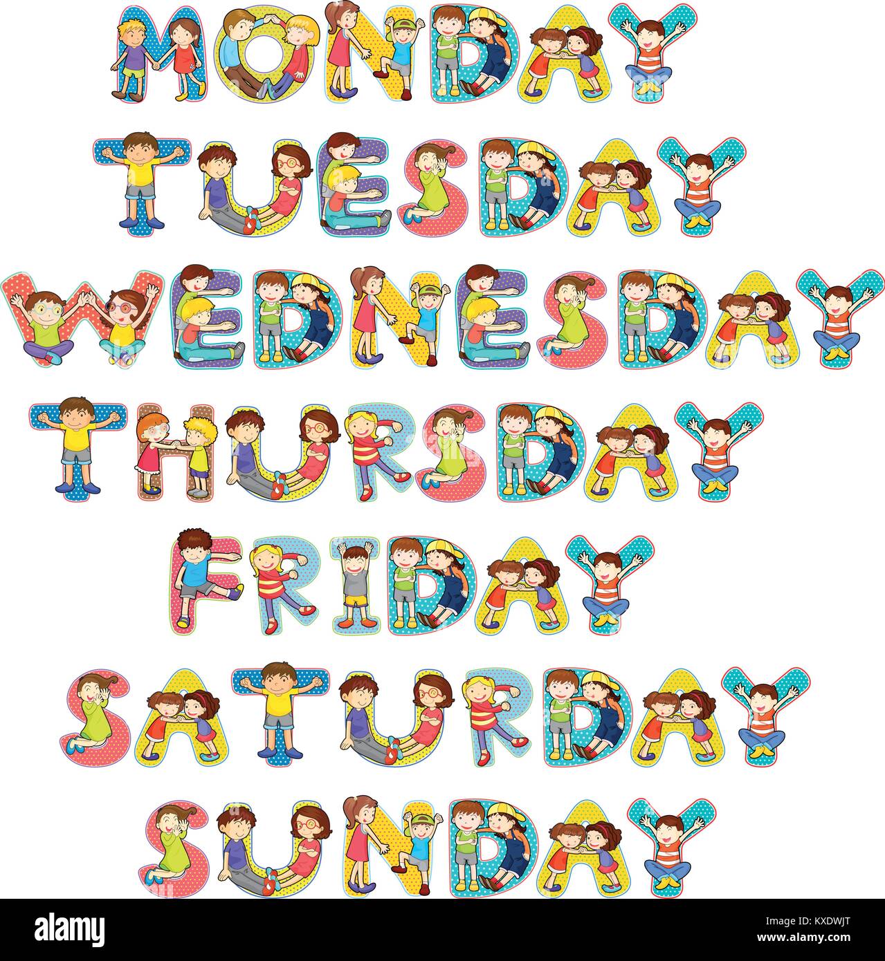 Font design for seven days of the week with kids illustration Stock ...