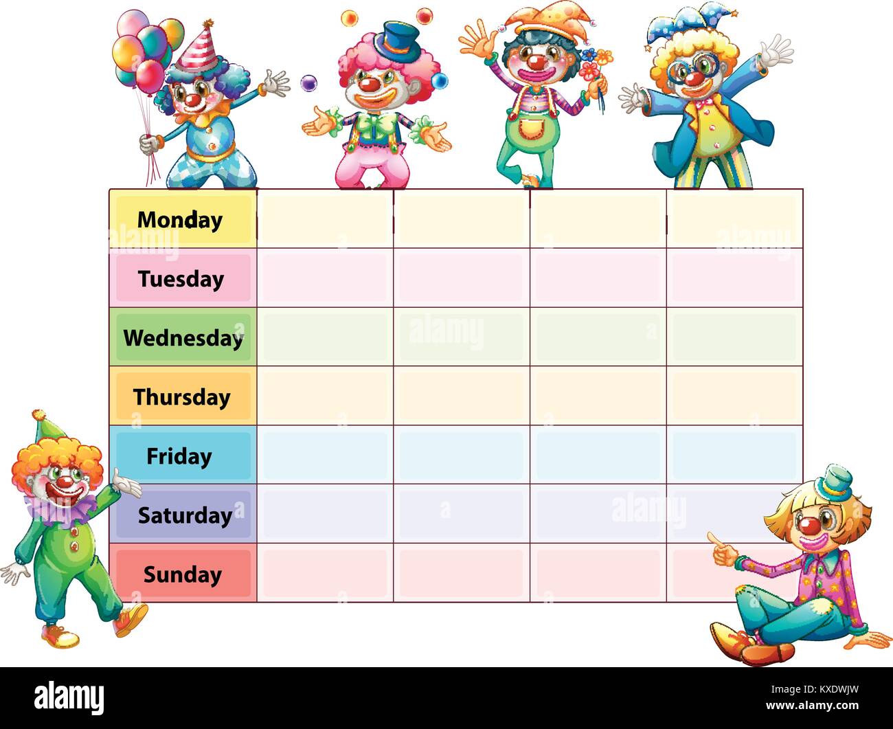 Timetable template with days of the week and clowns illustration Stock ...