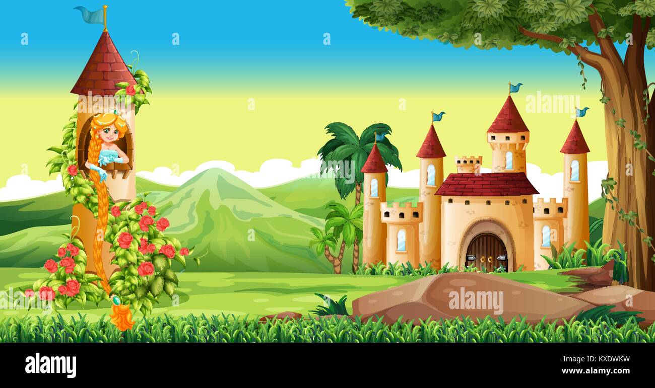 Scene with princess in the tower illustration Stock Vector Image & Art ...