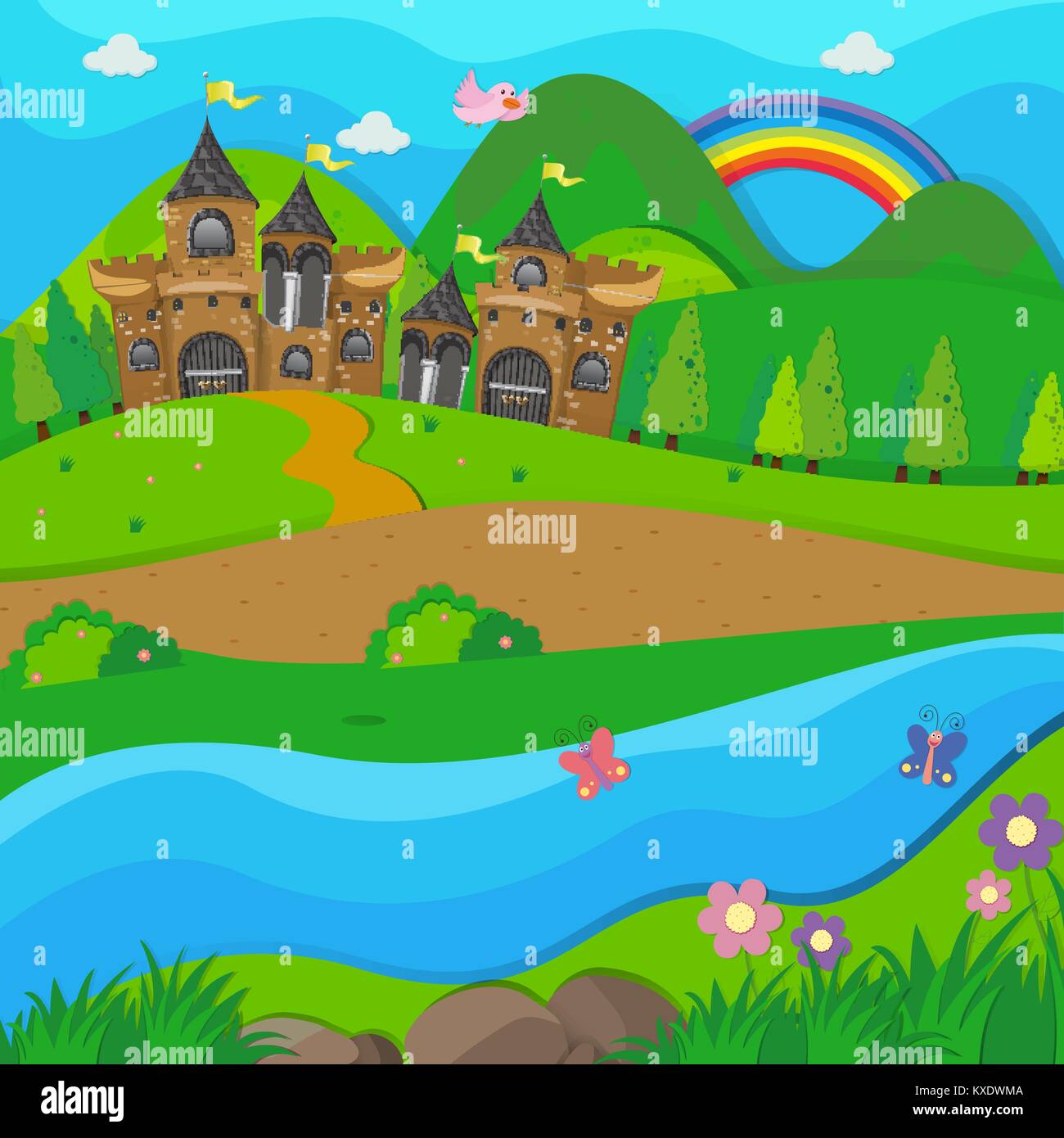Background scene with brown castle by the river illustration Stock ...