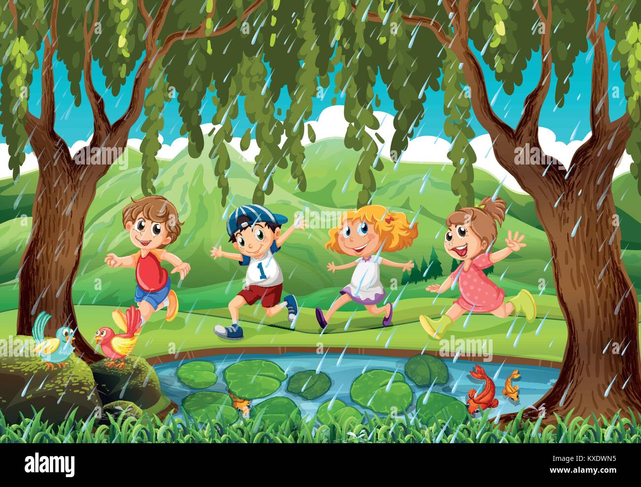 Raining scene with kids in forest illustration Stock Vector Image & Art ...