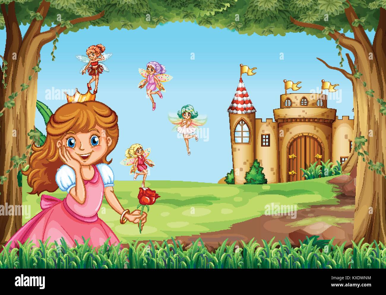 Cute princess and fairies in garden illustration Stock Vector Image ...