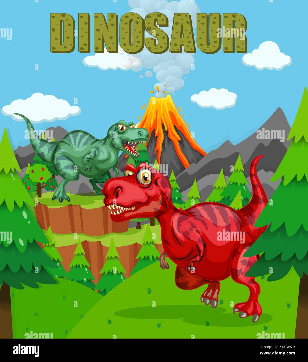 Dinosaur poster with two t-rex in the field illustration Stock Vector ...